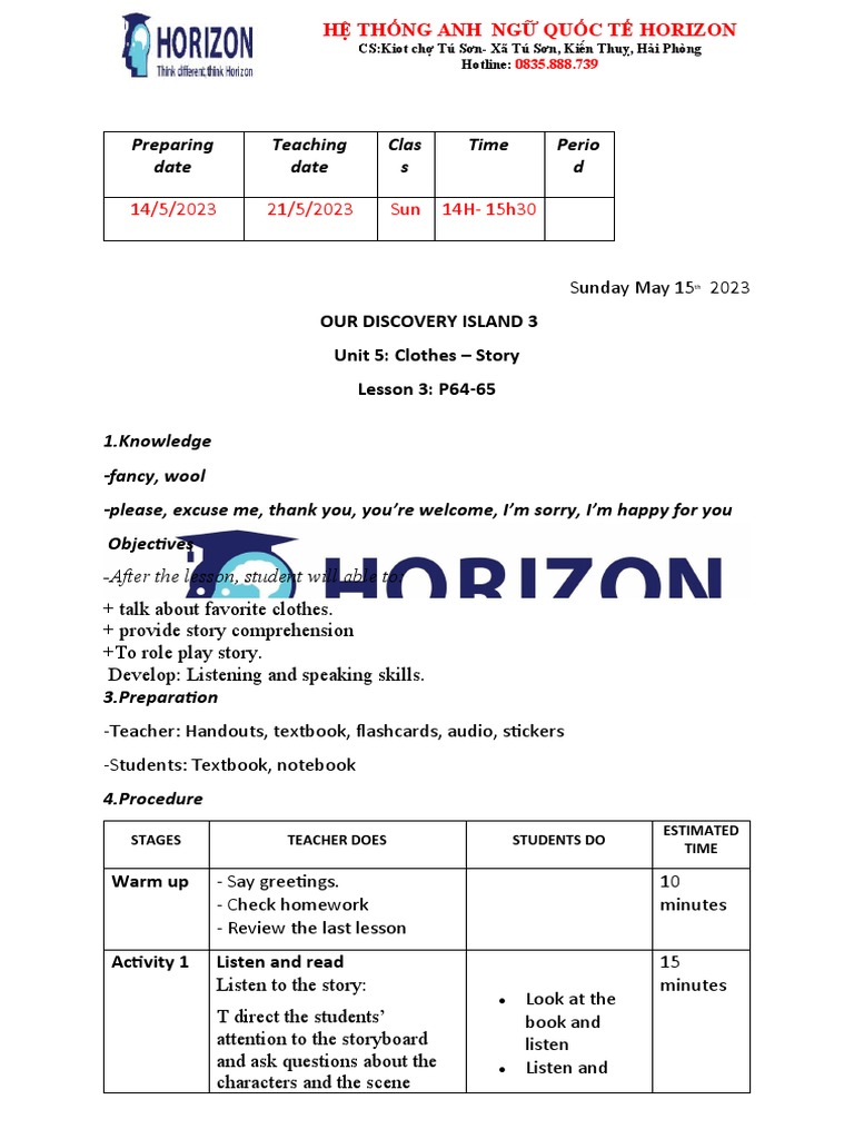 Lesson Plan Unit 5 Lesson 3 Page 64-65 21-5-2023 | PDF | Cognitive ...