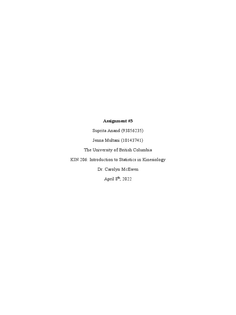 KIN 206 Assignment #3 | PDF | F Test | Standard Deviation