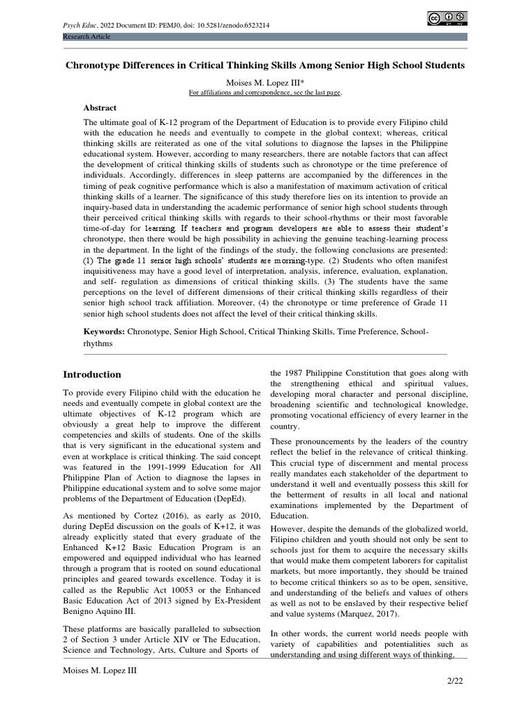 Chronotype Differences in Critical Thinking Skills Among Senior High ...