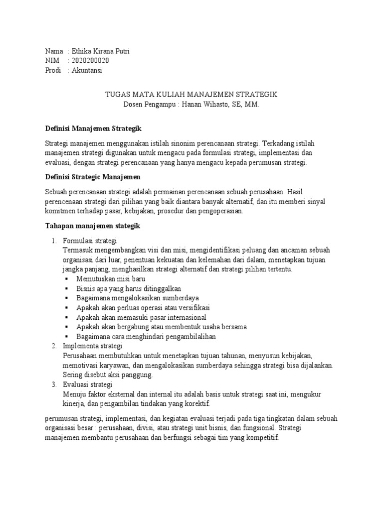 Tugas 1 Manajemen Strategik | PDF