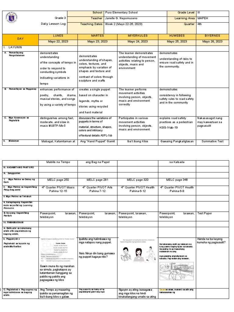 Dll-Mapeh-Q4-Week 2 | PDF | Performing Arts | Cognition