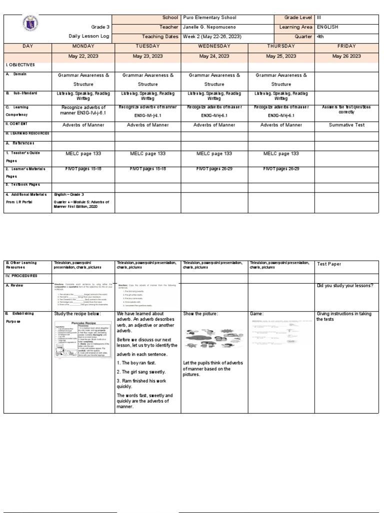 Dll-English-Q4-Week 2 | PDF | Adverb | Cognitive Science