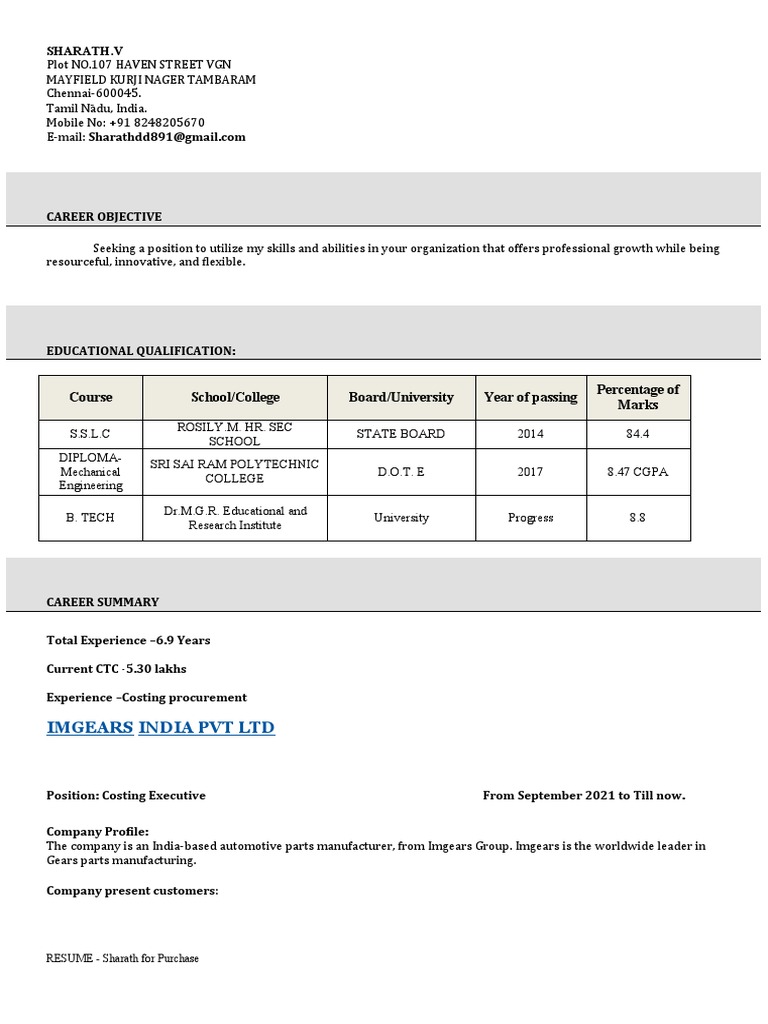 Resume - SHARATH - 2023-Updated Nissan | PDF | Risk Management | Inventory