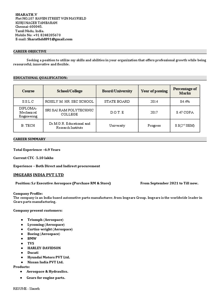 Resume - SHARATH - 2023 Aerospace | PDF | Inventory | Business