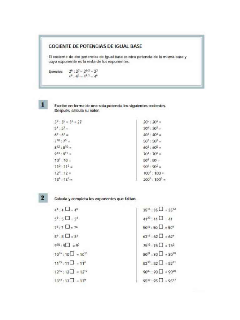 Cociente de Potencias Igual Base | PDF