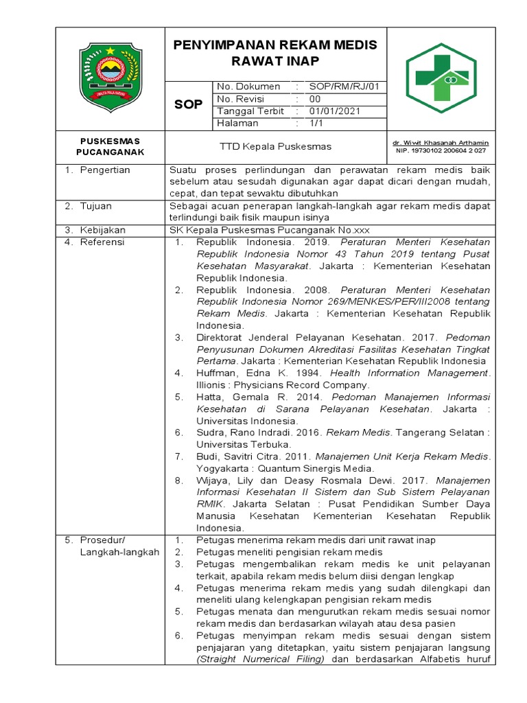 25. SOP - Penyimpanan Rekam Medis Rawat Inap (1) | PDF