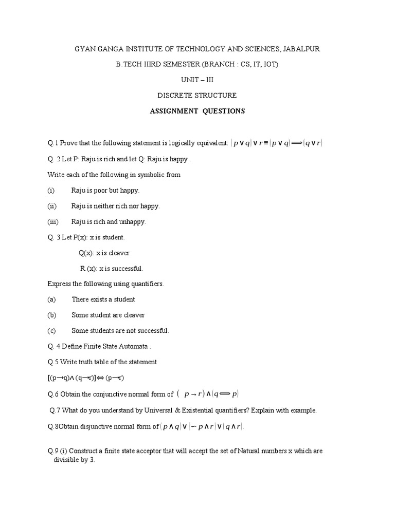 DISCRETE STRUCTURE ASSIGNMENT QUESTIONS Unit 3 | PDF | Logical ...