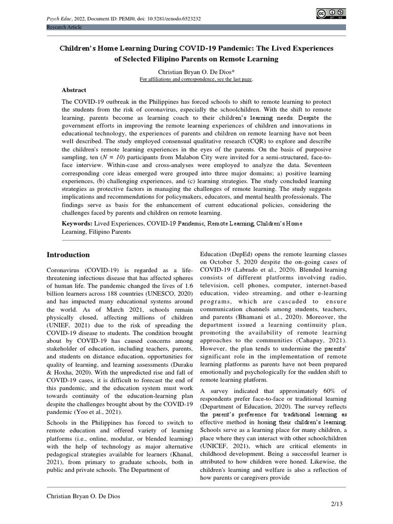 Children's Home Learning During COVID-19 Pandemic: The Lived ...
