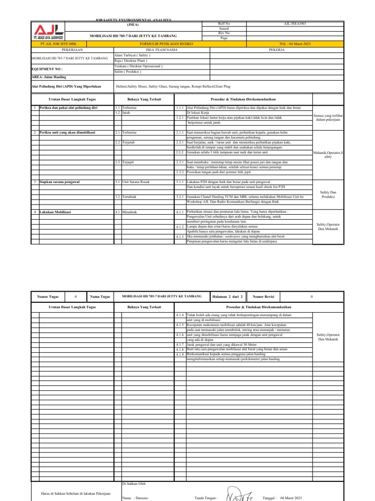 054 JSA Mobilisasi HD 785-7 Dari Jetty Ke Tambang AJL | PDF