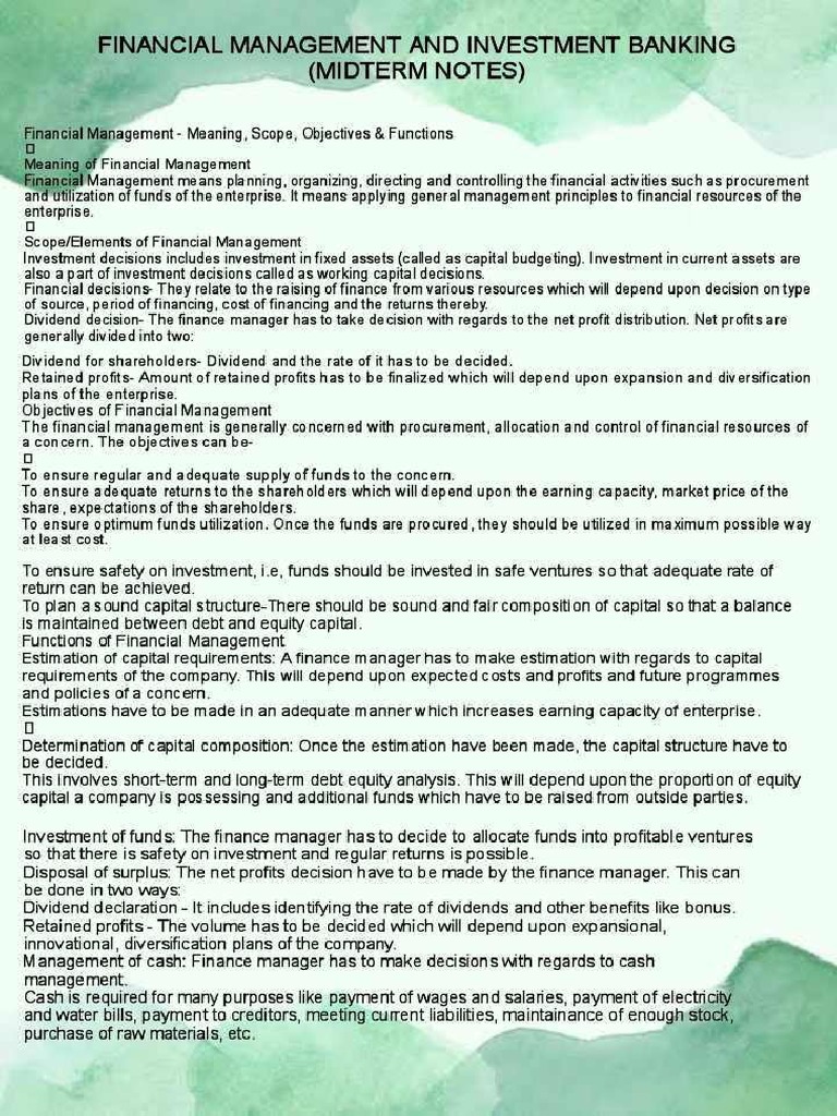Midterm Notes. FinMgt & Investment Banking | PDF