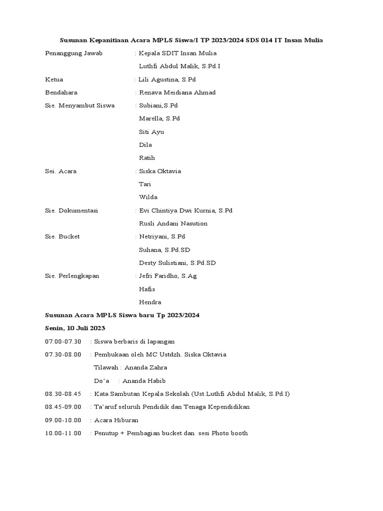 Susunan Kepanitiaan Acara MPLS Siswa | PDF