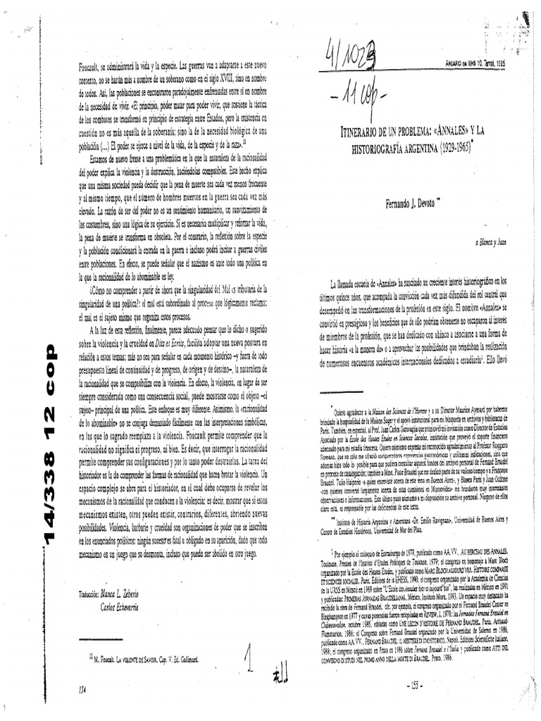 Devoto Fernando - Itinerario de Un Problema. Annales y La Historiografía Argentina | PDF