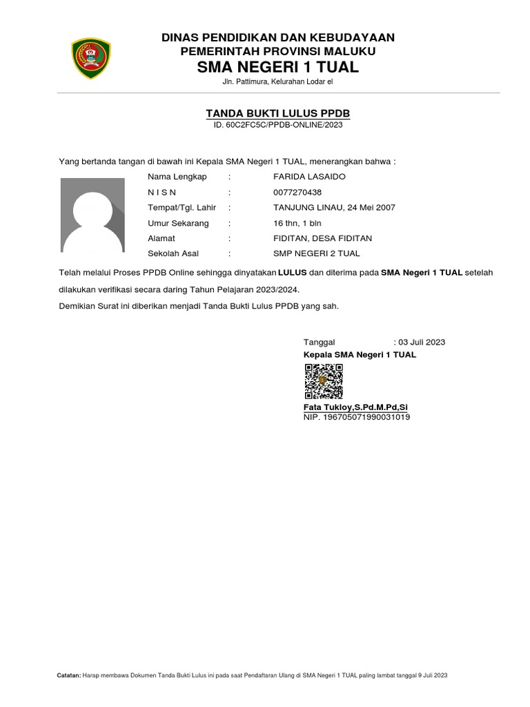 Tanda Bukti Lulus PPDB SMA 2023 | PDF