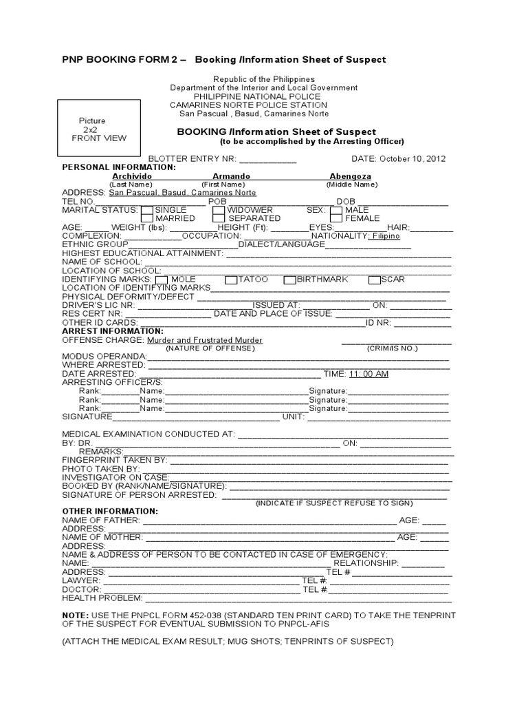 Police Suspect Booking Sheet | PDF | Government | Crimes