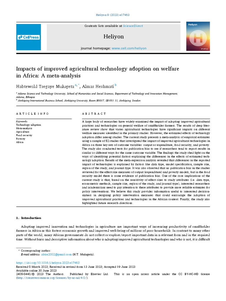 Impacts of Improved Agricultural Technology Adoption On Welfare I - 2023 - Heliy | PDF ...