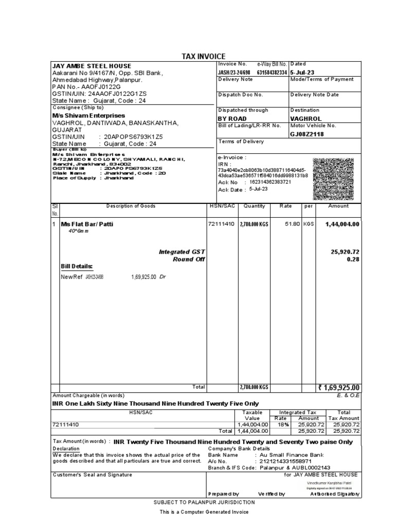 Tax Invoice: Description of Goods Amount Per Rate Quantity Hsn/Sac ...