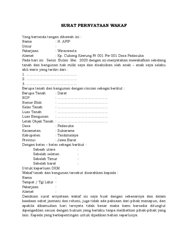 Surat Pernyataan Wakaf | PDF