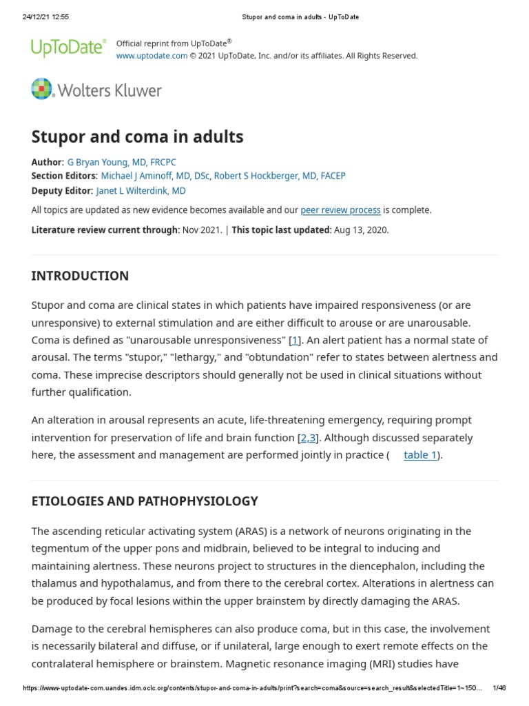 Stupor and Coma in Adults - UpToDate | PDF | Coma | Meningitis