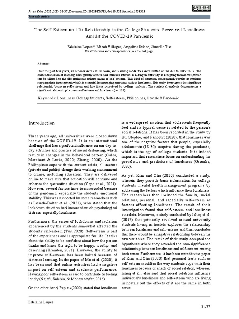 College Loneliness & Self-Esteem Study | PDF | Self Esteem | Loneliness