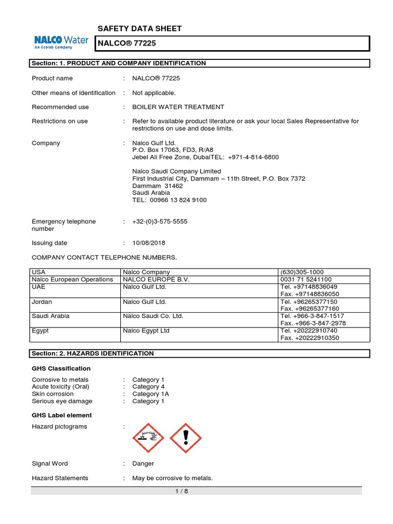 Nalco 77225 SDS (GHS) | Download Free PDF | Toxicity | Dangerous Goods