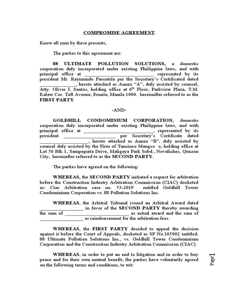 Compromise Agreement Goldhill | PDF | Arbitration | Business Law