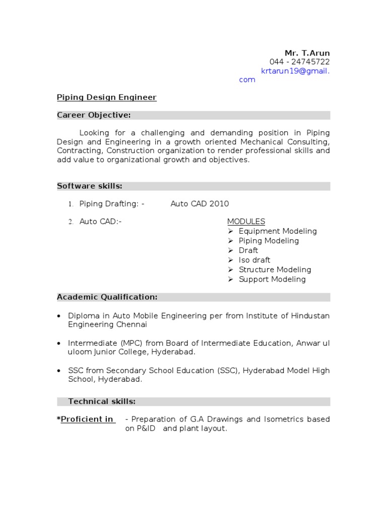 Sample Piping Design Engineer Resume | PDF