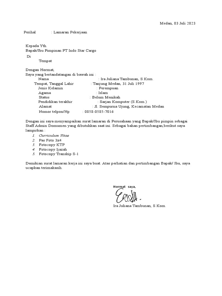 Surat Lamaran - Admin Dokumen | PDF