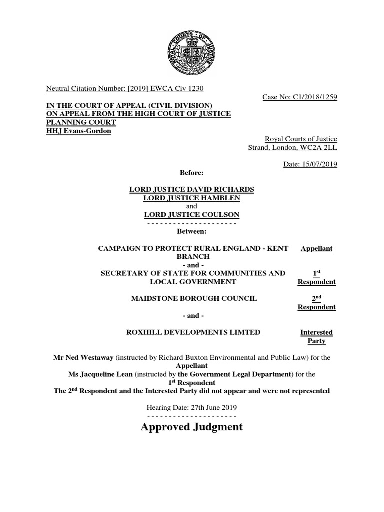 Approved Judgment: Neutral Citation Number: (2019) EWCA Civ 1230 Case ...