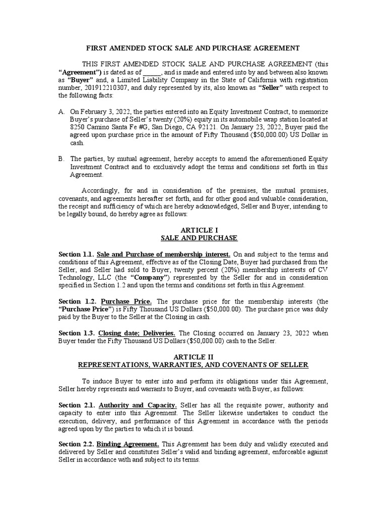 Final Stock and Sale Purchase Agreement of CV Technology LLC | PDF ...