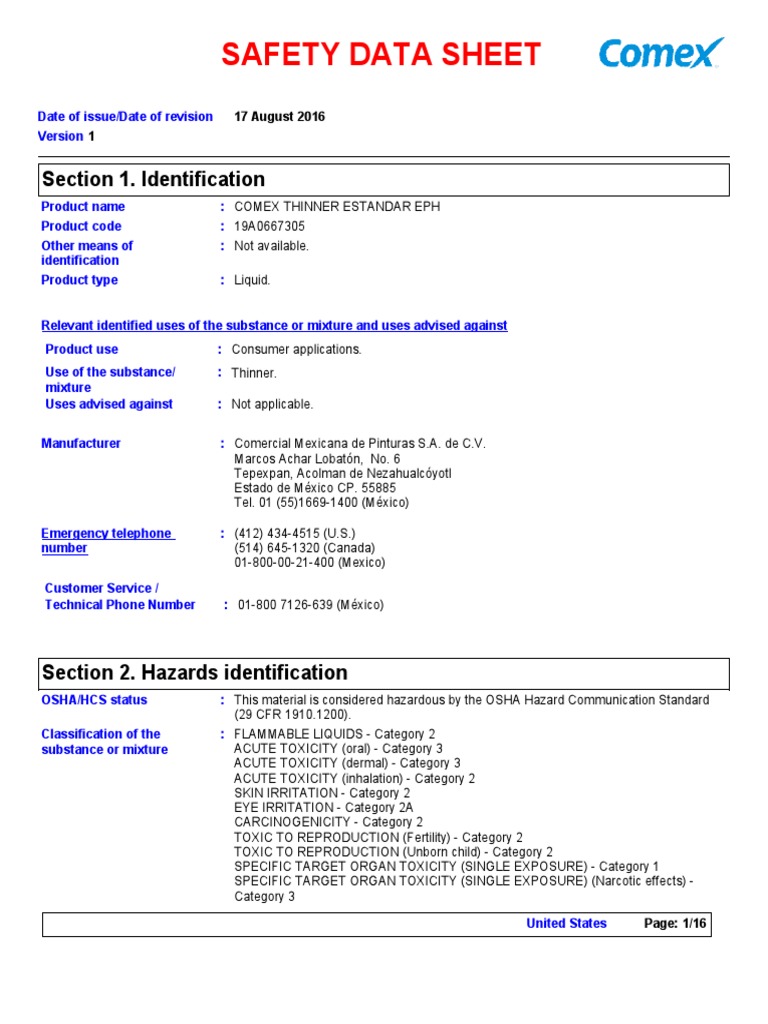 COMEX EPH Thinner Safety Data Sheet | PDF | Toxicity | Personal ...