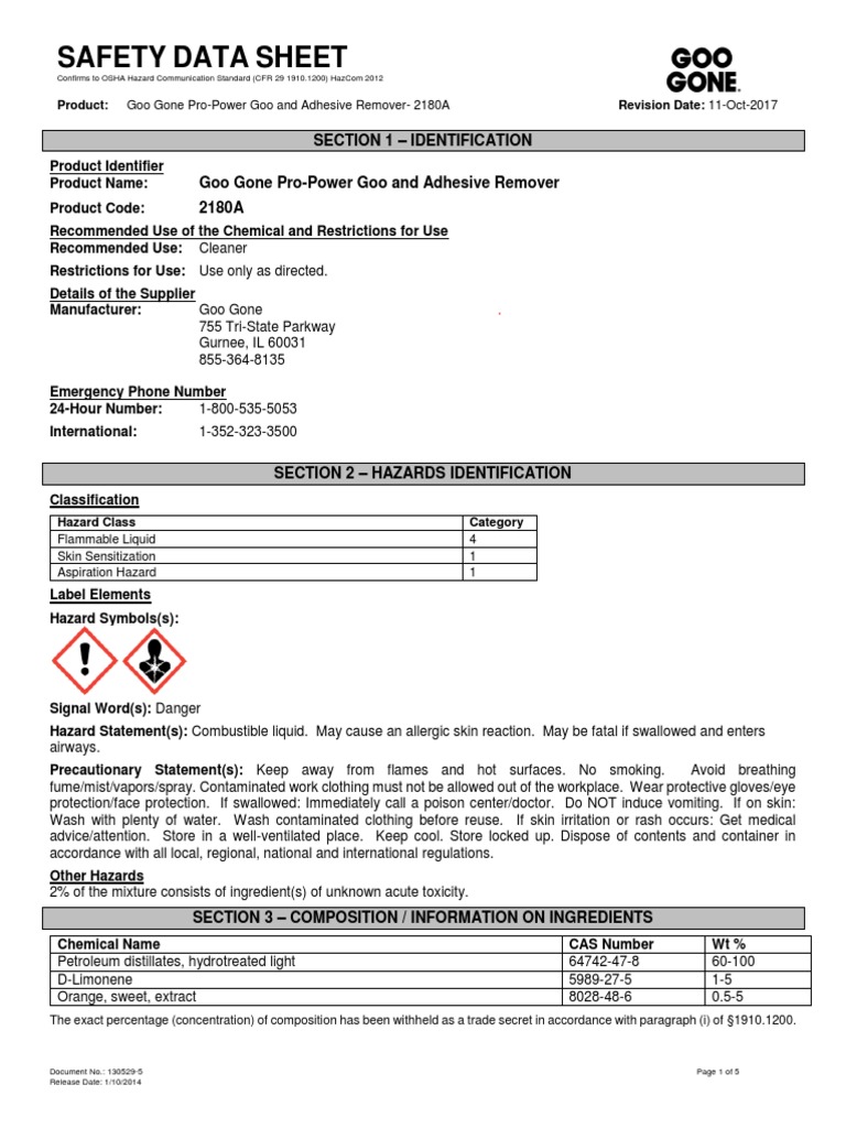 Hoja de Datos de Seguridad Removedor Adhesivo Goo Gone | PDF | Personal ...