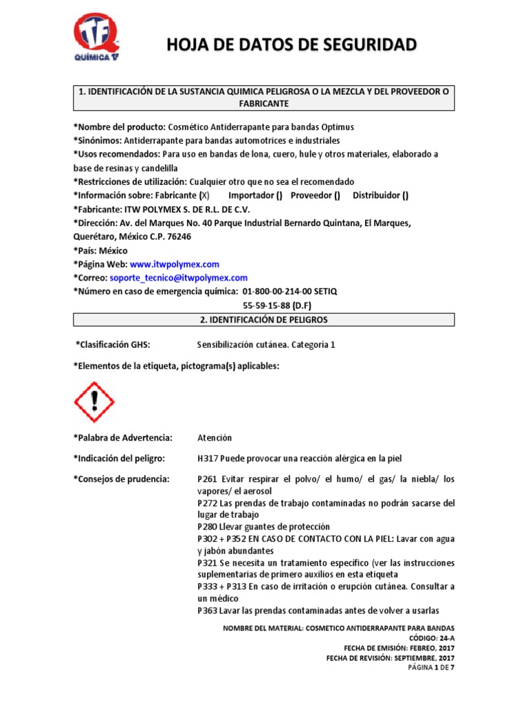 Hoja de Datos de Seguridad Optimus Antiderrapante para Bandas | Descargar gratis PDF | Agua ...