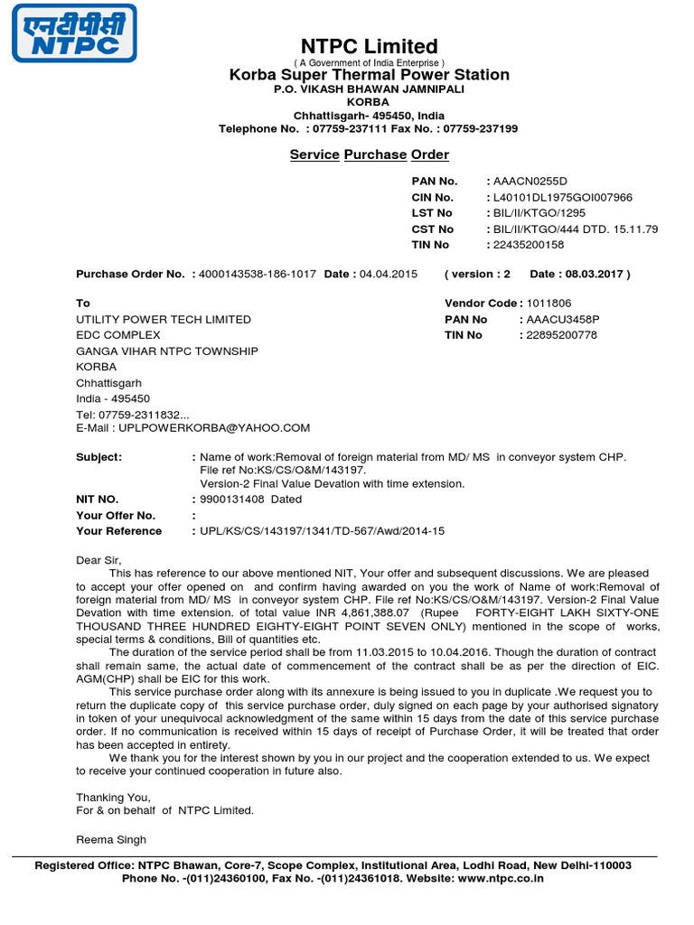 NTPC Limited: Korba Super Thermal Power Station | PDF | Taxes | Payments