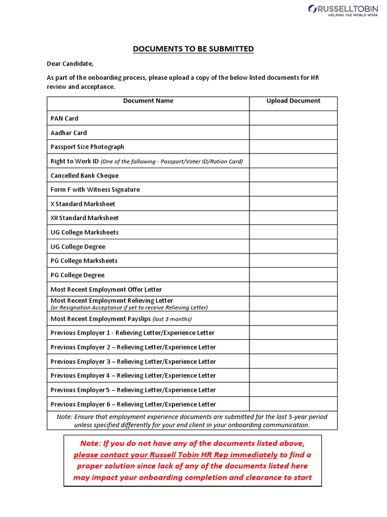 Onboarding Document Submission Checklist | PDF
