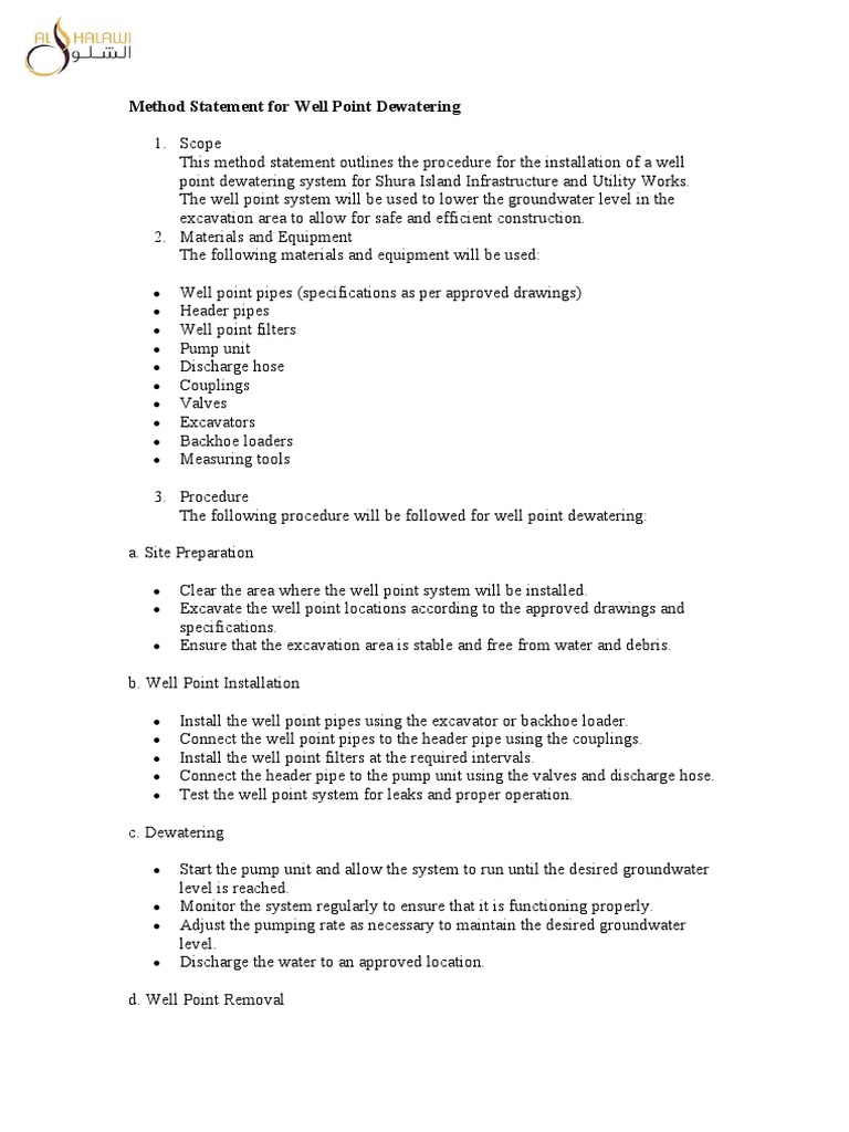Dewatering Method Statement Well Point | PDF | Pump | Pipe (Fluid ...