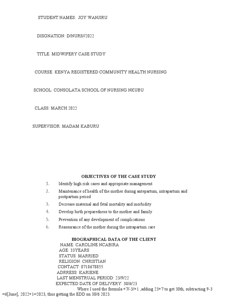 Joy Wanjiru Midwifery Case Study | PDF | Pregnancy | Edema