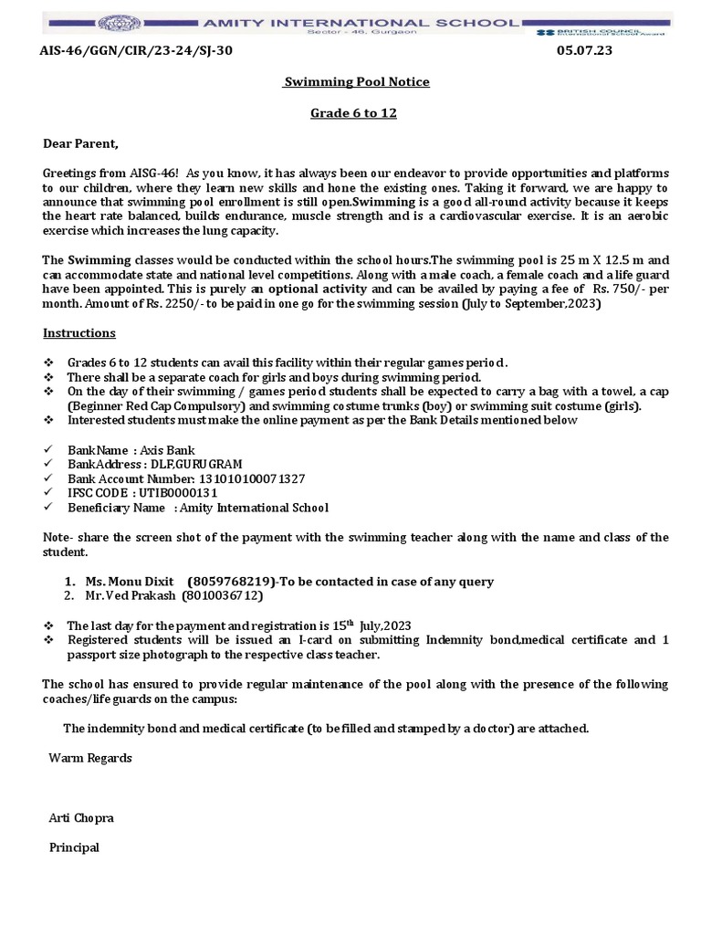 Swimming Pool Notice | PDF | Indemnity | Swimming