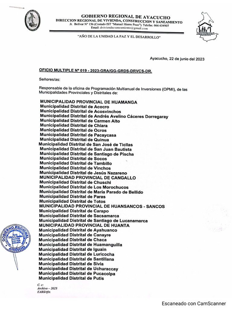 Oficio Multiple N°019-2023-Gra | PDF