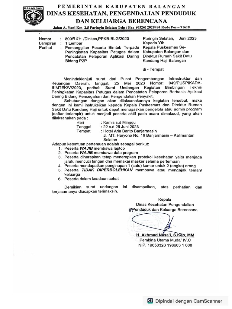 Surat Undangan Bimtek PKM Dan RS | PDF