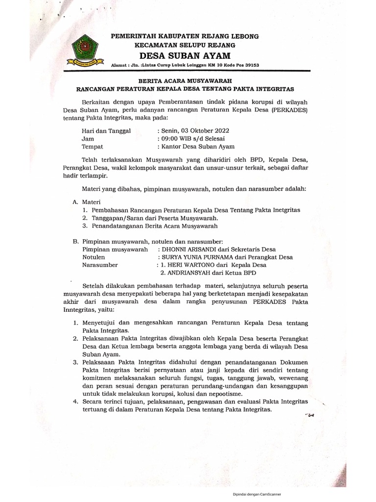 Berita Acara Rancangan Perdes Tentang Pakta Integritas | PDF Berita Acara Rancangan Perdes Tentang Pakta Integritas | PDF