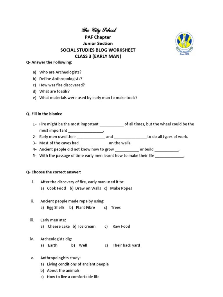 Social Studies Blog Worksheet Early Man Class3 With Ans Key | PDF