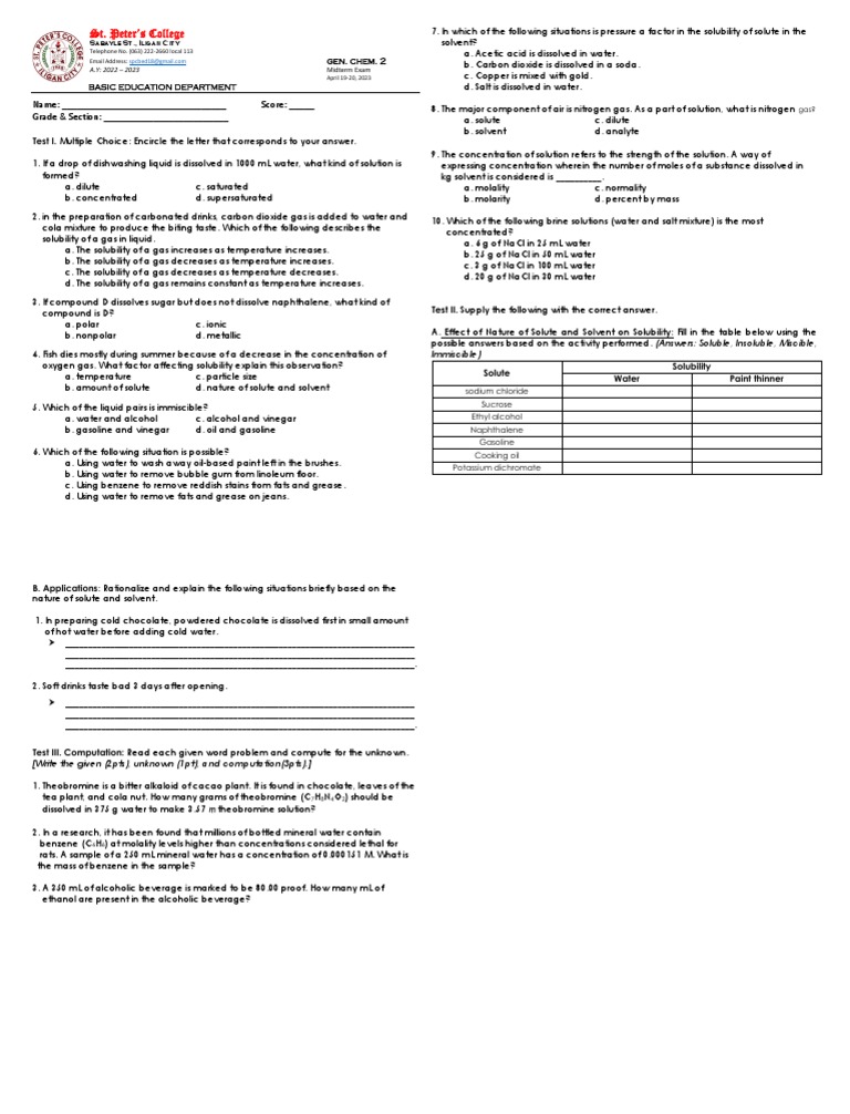 Gen Chem 2 Set B | PDF | Solubility | Concentration
