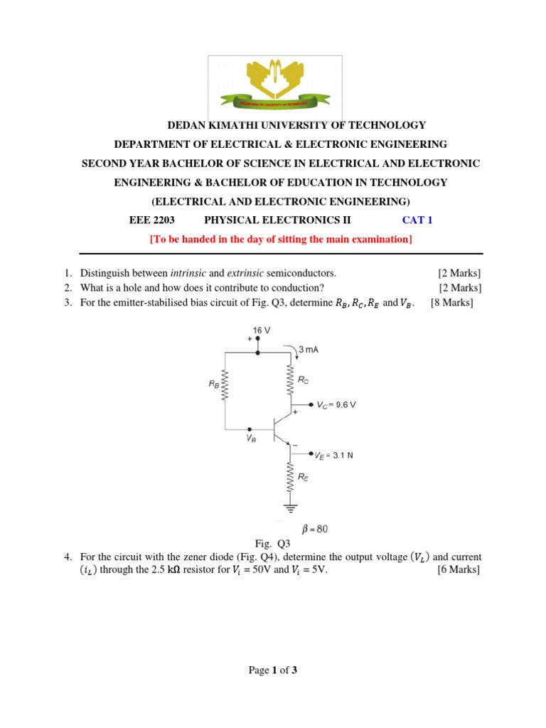 EEE 2203 - Physical Electronics II - CAT I, II | PDF | Diode | Electronic Engineering