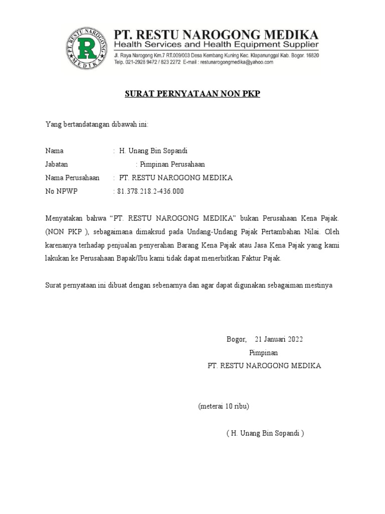 Contoh Surat Pernyataan Non PKP (1668) | PDF