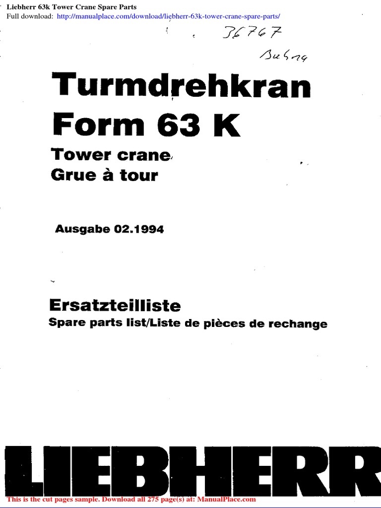 Liebherr 63k Tower Crane Spare Parts | PDF