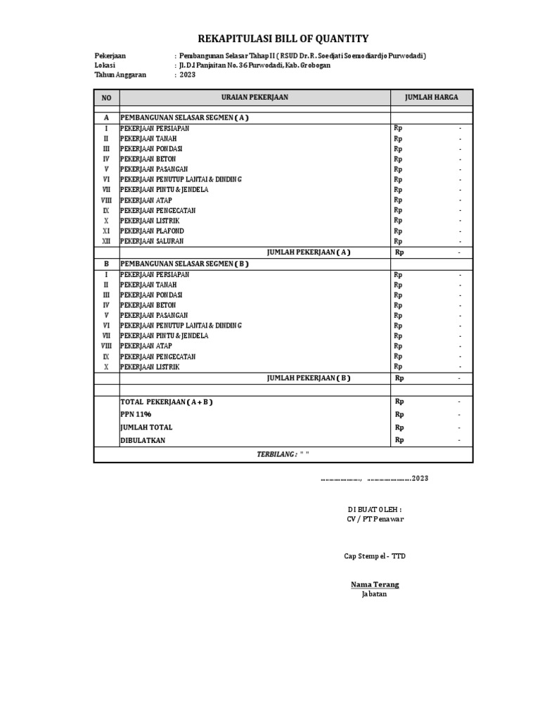 BOQ Pembangunan Selasar Tahap II RSUD 2023 | PDF