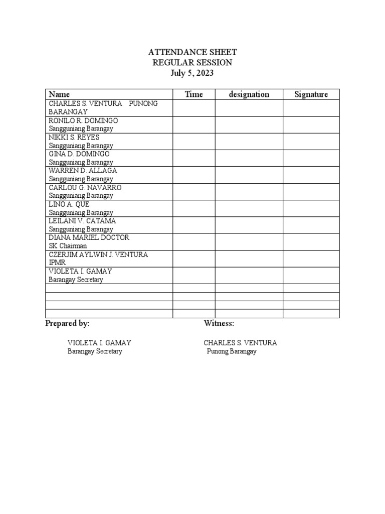 ATTENDANCE SHEET Regular Session New 2023 | PDF