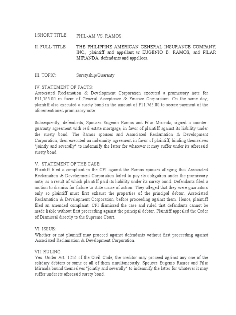 Phil-Am vs. Ramos: Suretyship Case Ruling | PDF | Surety | Guarantee