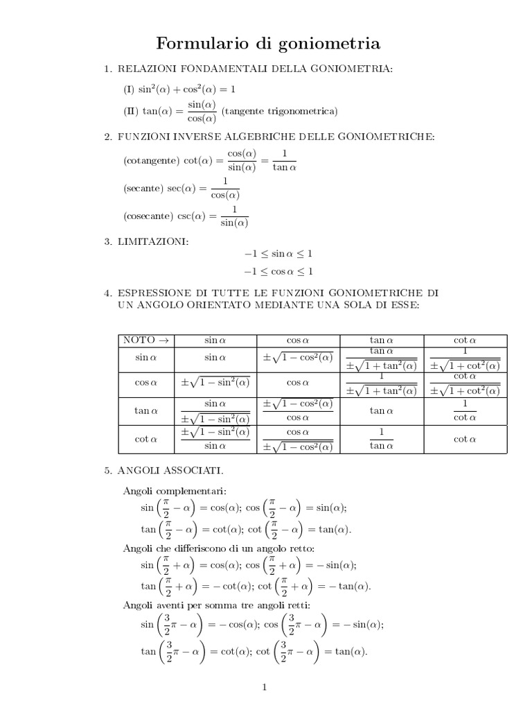 Formulario Di Goniometria | PDF