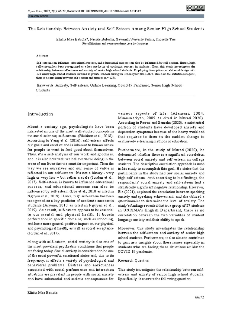 The Relationship Between Anxiety and Self-Esteem Among Senior High School Students | PDF | Self ...
